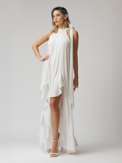 Set: Rochie cu volane in cascada si capa – Alb sidefat – Passofino